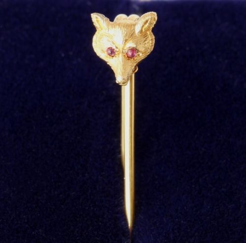 Antique 15ct Gold Fox Head Mask Brooch / Hunting Tie Pin Clip Ruby Eyes.