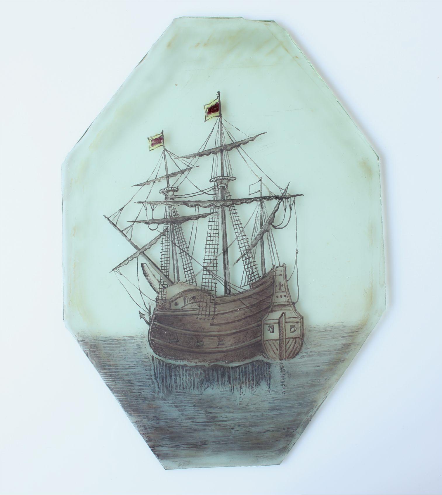17th Century Stained Glass Of Galleon Ship. Nautical Window Panel c1690.