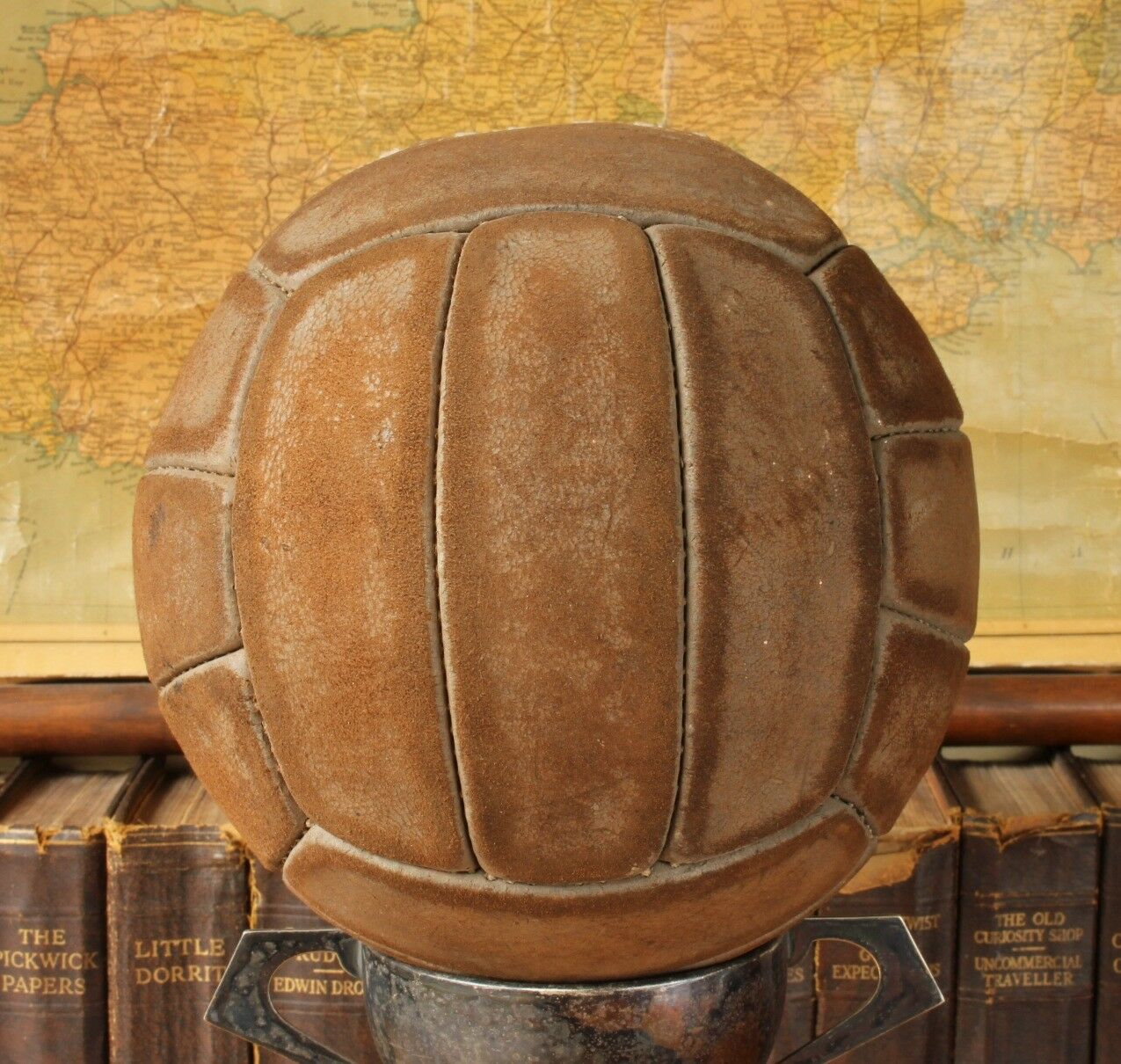 1930's Leather Football. Old 18 Panel Antique Brown Laced Soccer Ball.