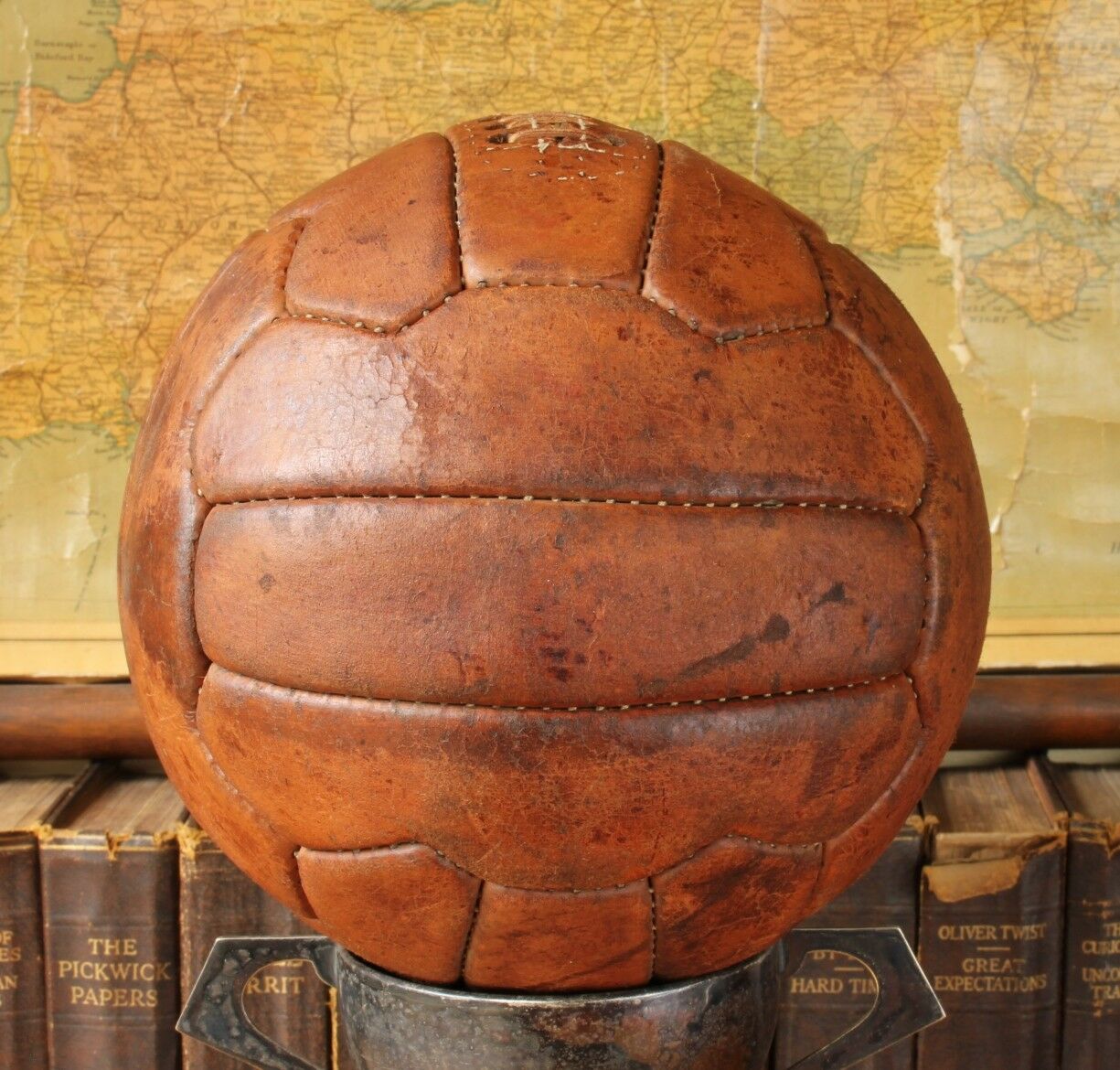 1950's Vintage Leather 18 Panel Laced Football. Old Brown Soccer Ball.
