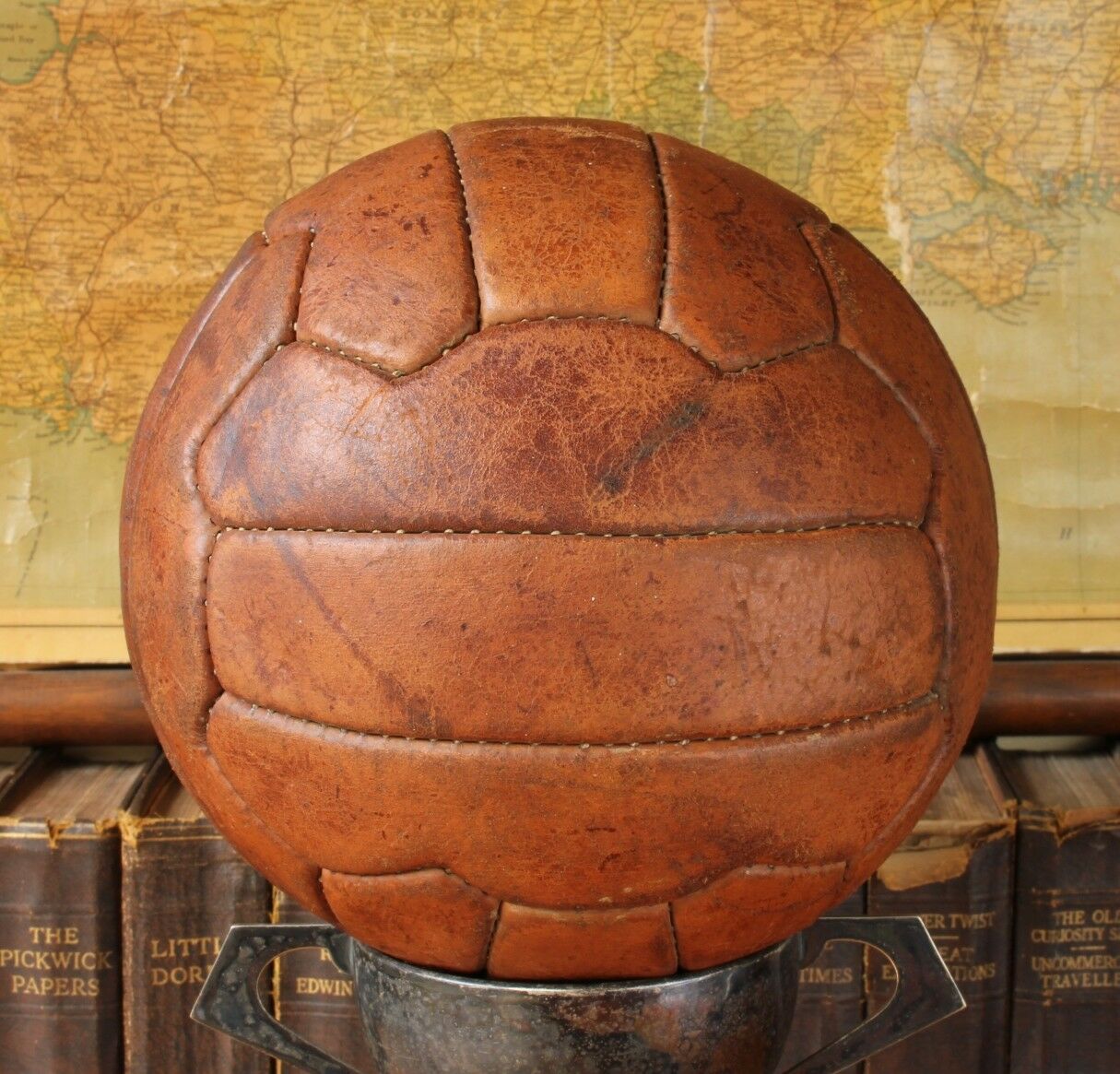 1950's Vintage Leather 18 Panel Laced Football. Old Brown Soccer Ball.