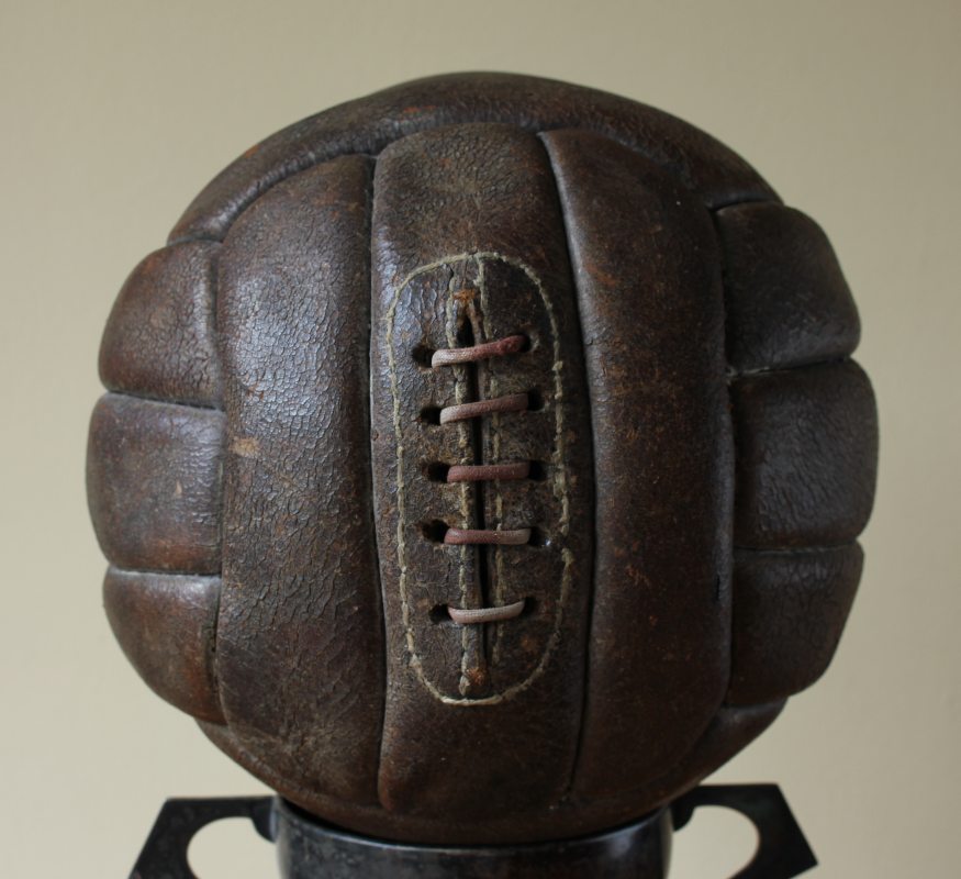 Original Vintage 18 Panel Football. Brown Leather Laced Soccer Ball c1930.
