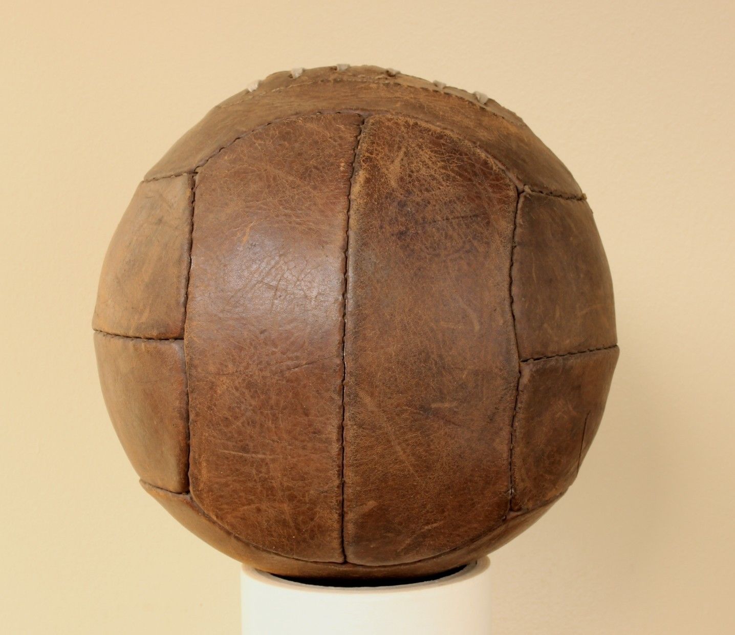 1930 12 Panel Brown Leather Football. Old Antique Laced Soccer Ball.