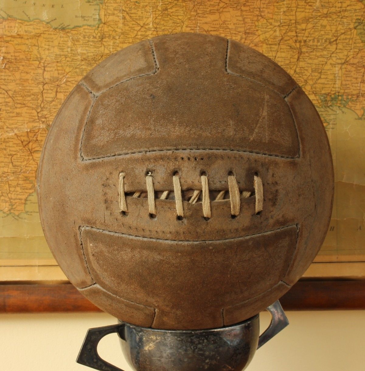 Leather T-Panel Football. Old Laced 1930s FIFA World Cup Soccer Ball.