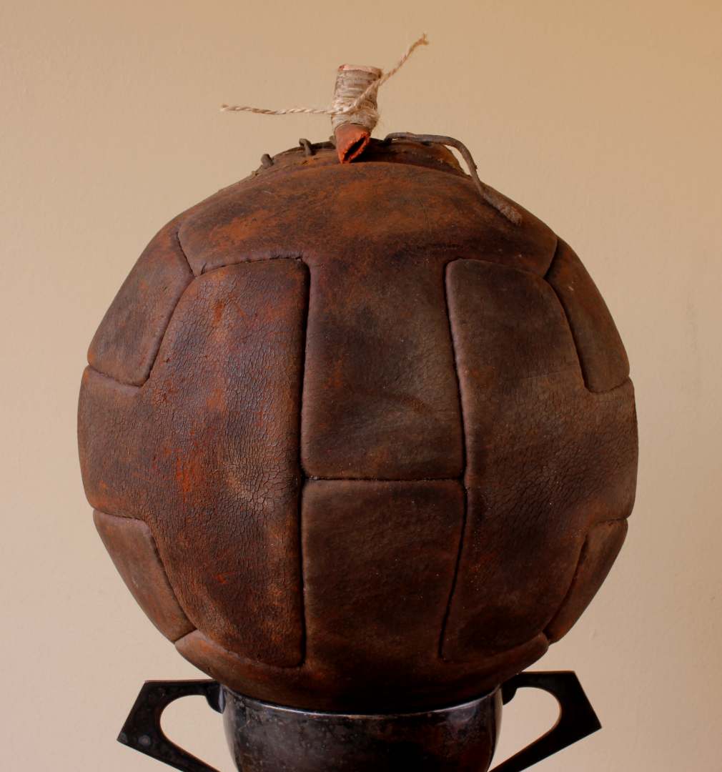 T Panel Football. Brown Leather Laced Soccer T Ball c1930.