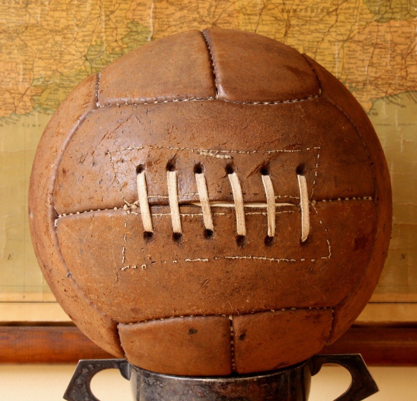 Leather Football. Old Antique 12 Panel Laced Soccer Ball c1940.