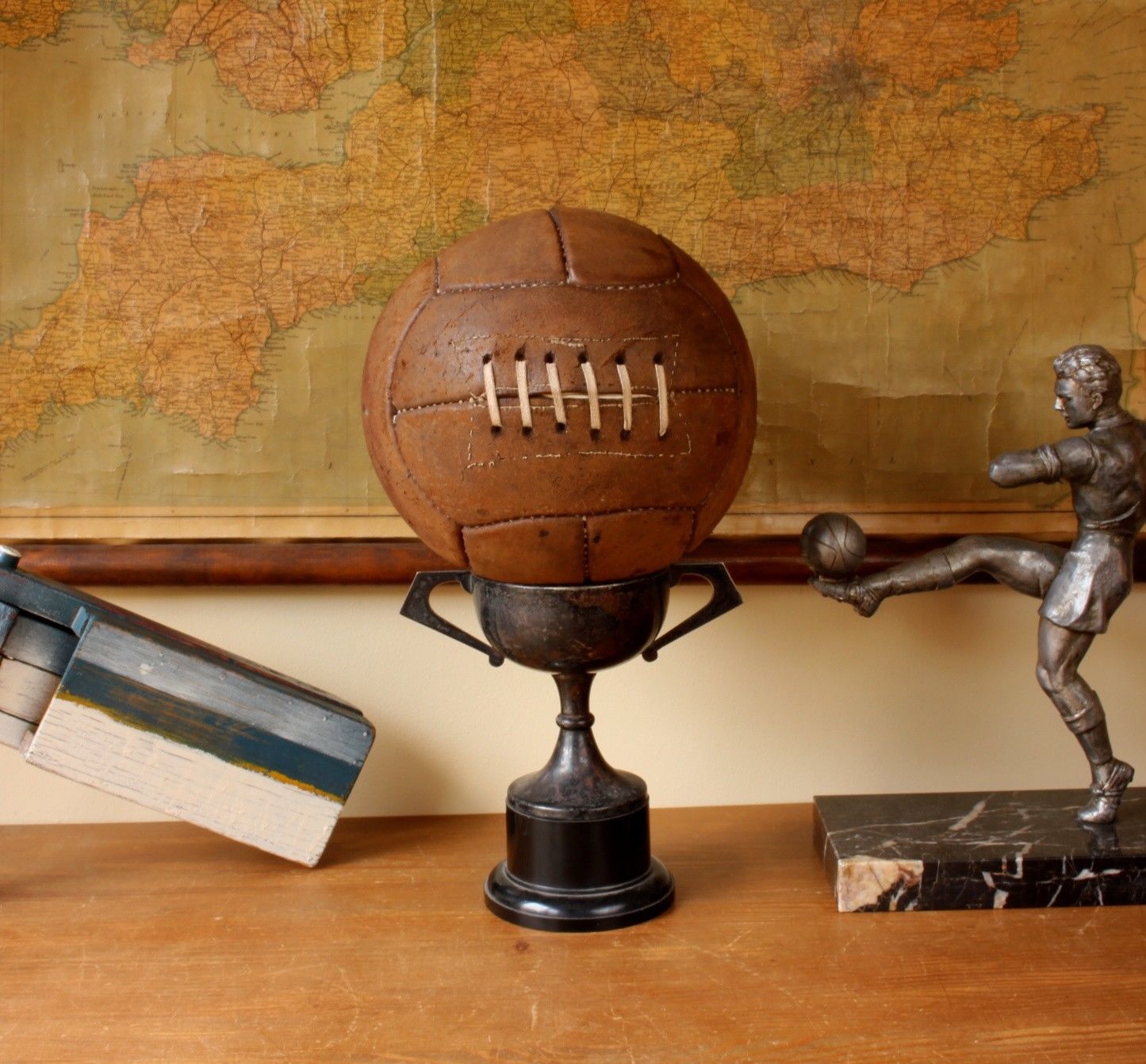 Leather Football. Old Antique 12 Panel Laced Soccer Ball c1940.