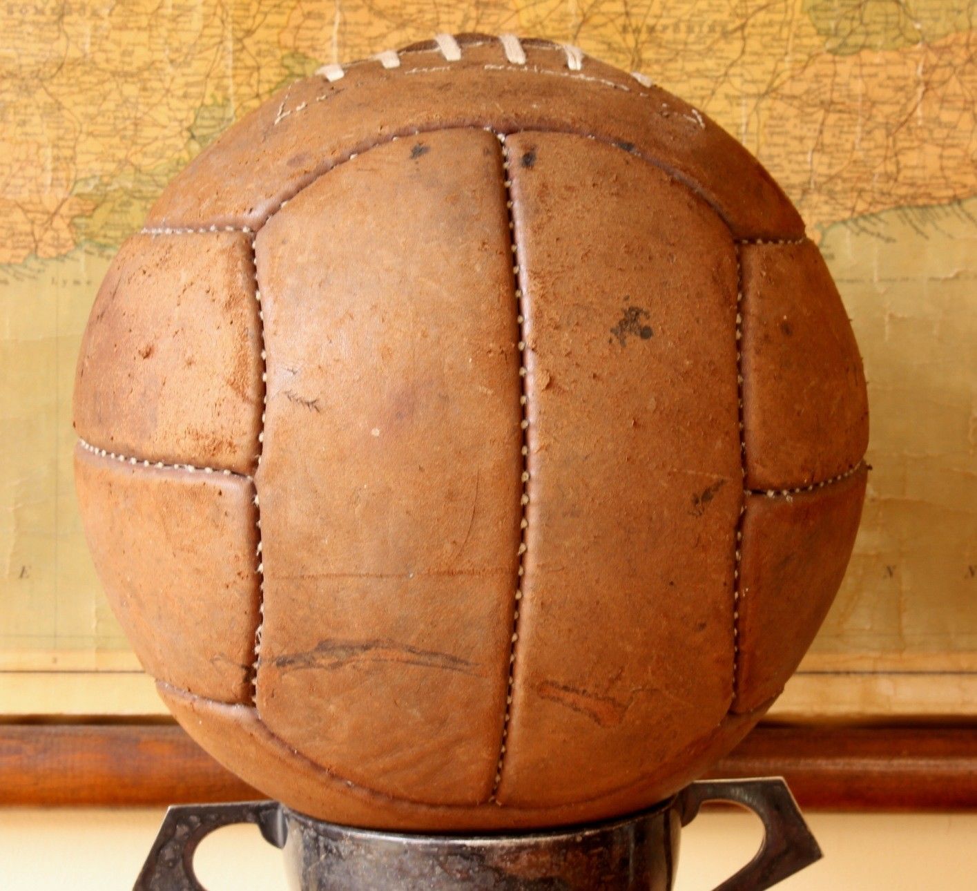 Leather Football. Old Antique 12 Panel Laced Soccer Ball c1940.
