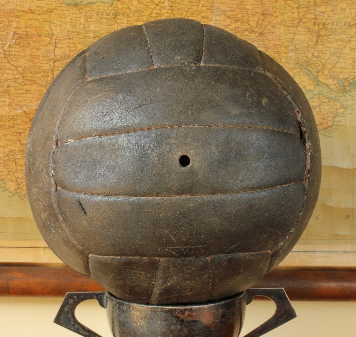 Valve Hole Type Leather Football. Old 1950s 18 Panel Soccer Ball.