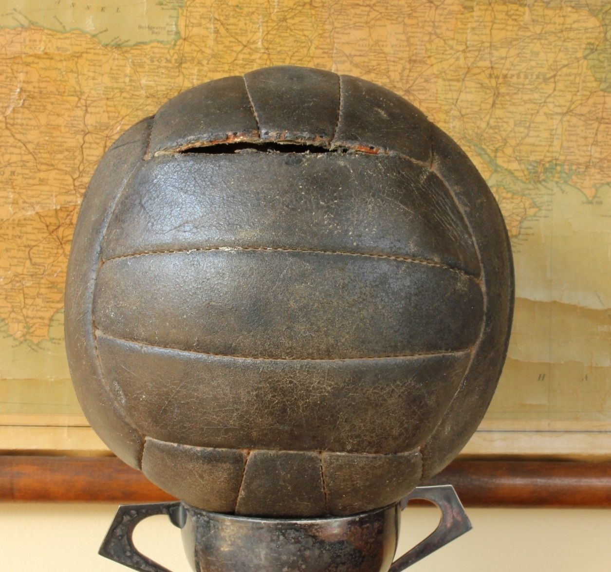 Valve Hole Type Leather Football. Old 1950s 18 Panel Soccer Ball.
