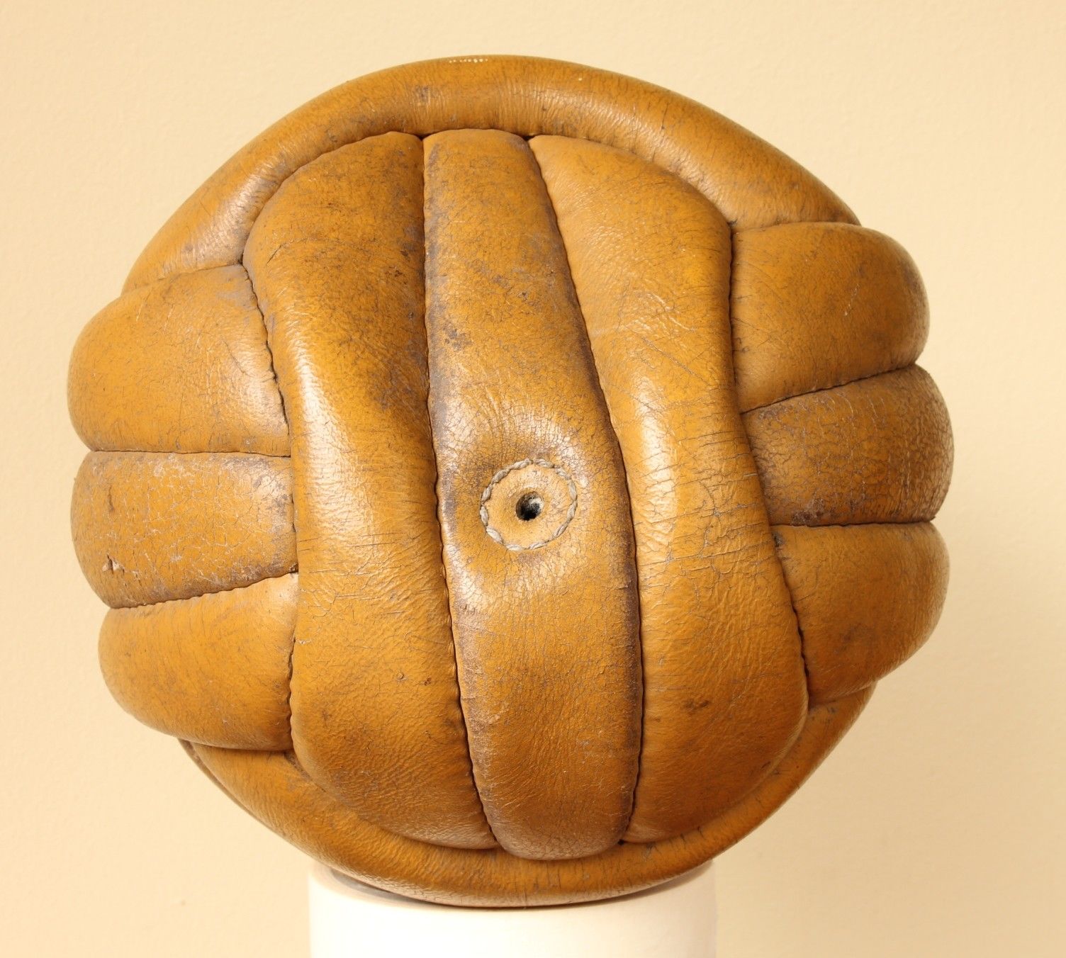 Vintage 1950s 18 Panel Tan Leather Football. Old Valve Type Soccer Ball.