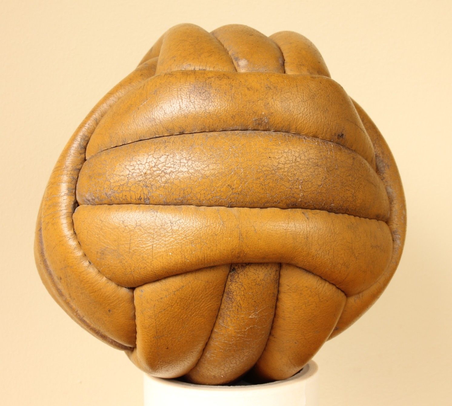 Vintage 1950s 18 Panel Tan Leather Football. Old Valve Type Soccer Ball.