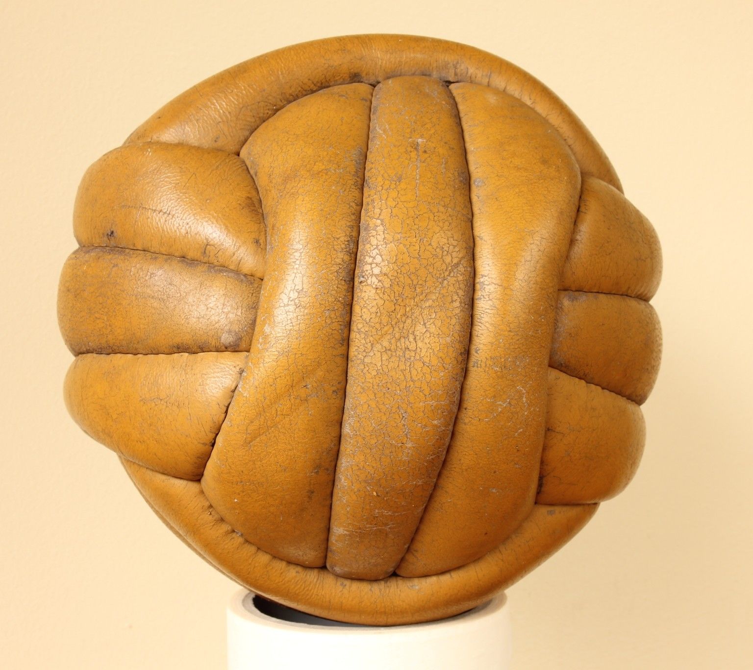 Vintage 1950s 18 Panel Tan Leather Football. Old Valve Type Soccer Ball.