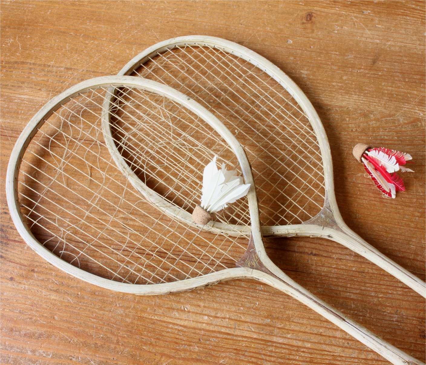 Pair of Badminton Rackets & Feather Shuttlecocks. Two Victorian Racquets.