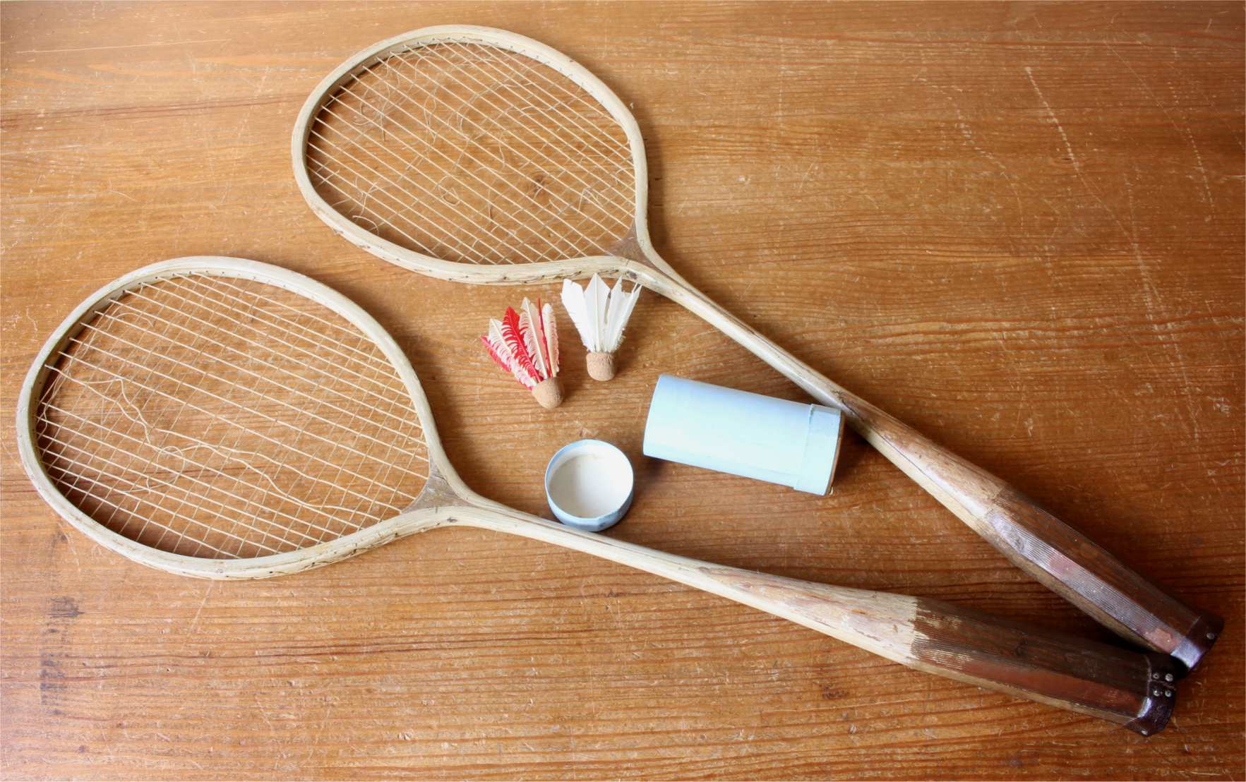 Pair of Badminton Rackets & Feather Shuttlecocks. Two Victorian Racquets.