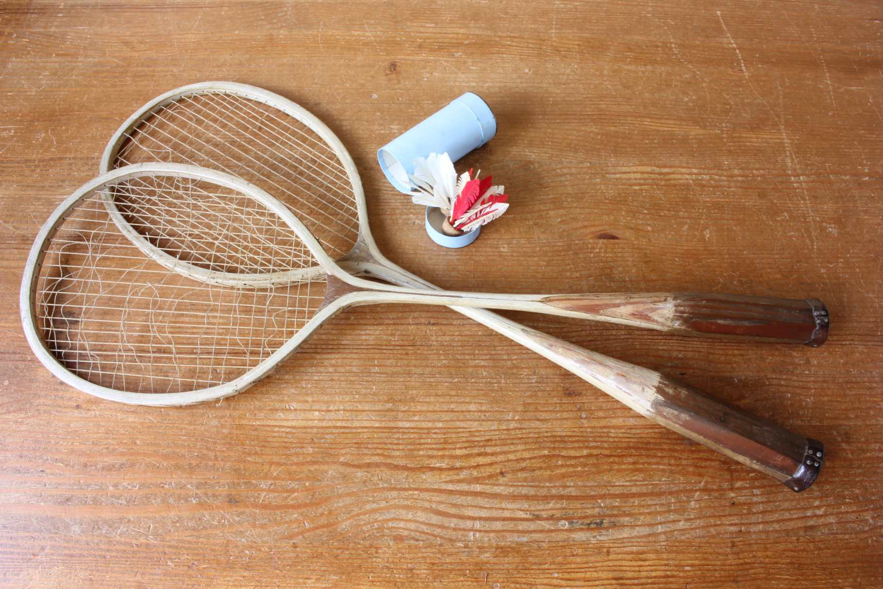 Pair of Badminton Rackets & Feather Shuttlecocks. Two Victorian Racquets.