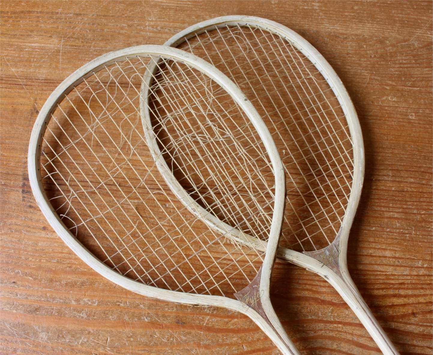 Pair of Badminton Rackets & Feather Shuttlecocks. Two Victorian Racquets.