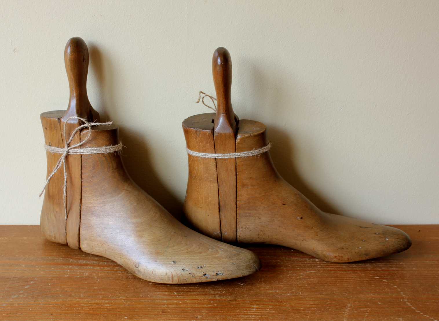 Pair of Wood 3 Part Boot Lasts. Wooden Treen Trees. Shoe Shop Display.