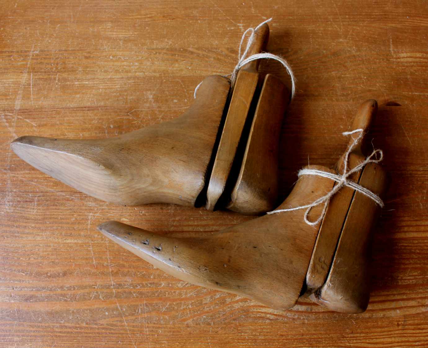 Pair of Wood 3 Part Boot Lasts. Wooden Treen Trees. Shoe Shop Display.