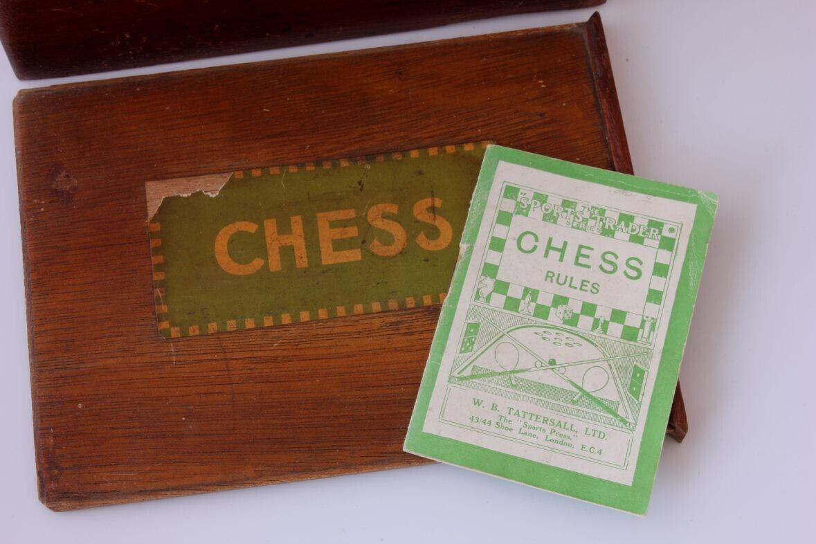 Antique Wood Boxed Chess Set & W B Tattersall Chess Rule Book.