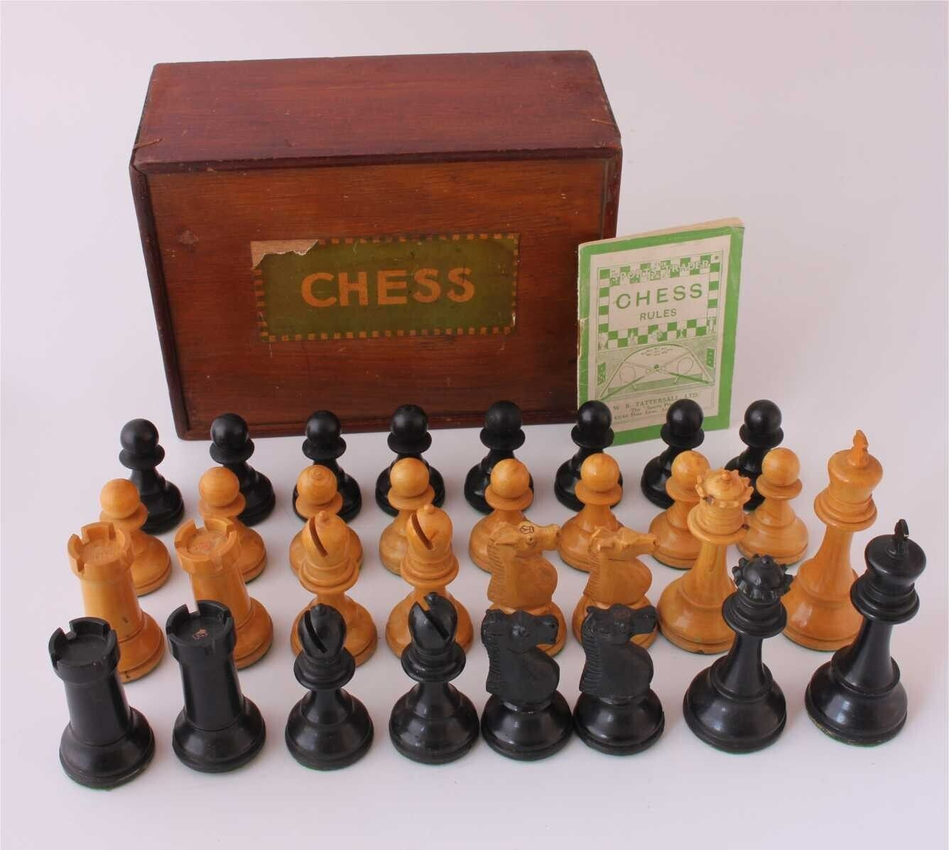 Antique Wood Boxed Chess Set & W B Tattersall Chess Rule Book.