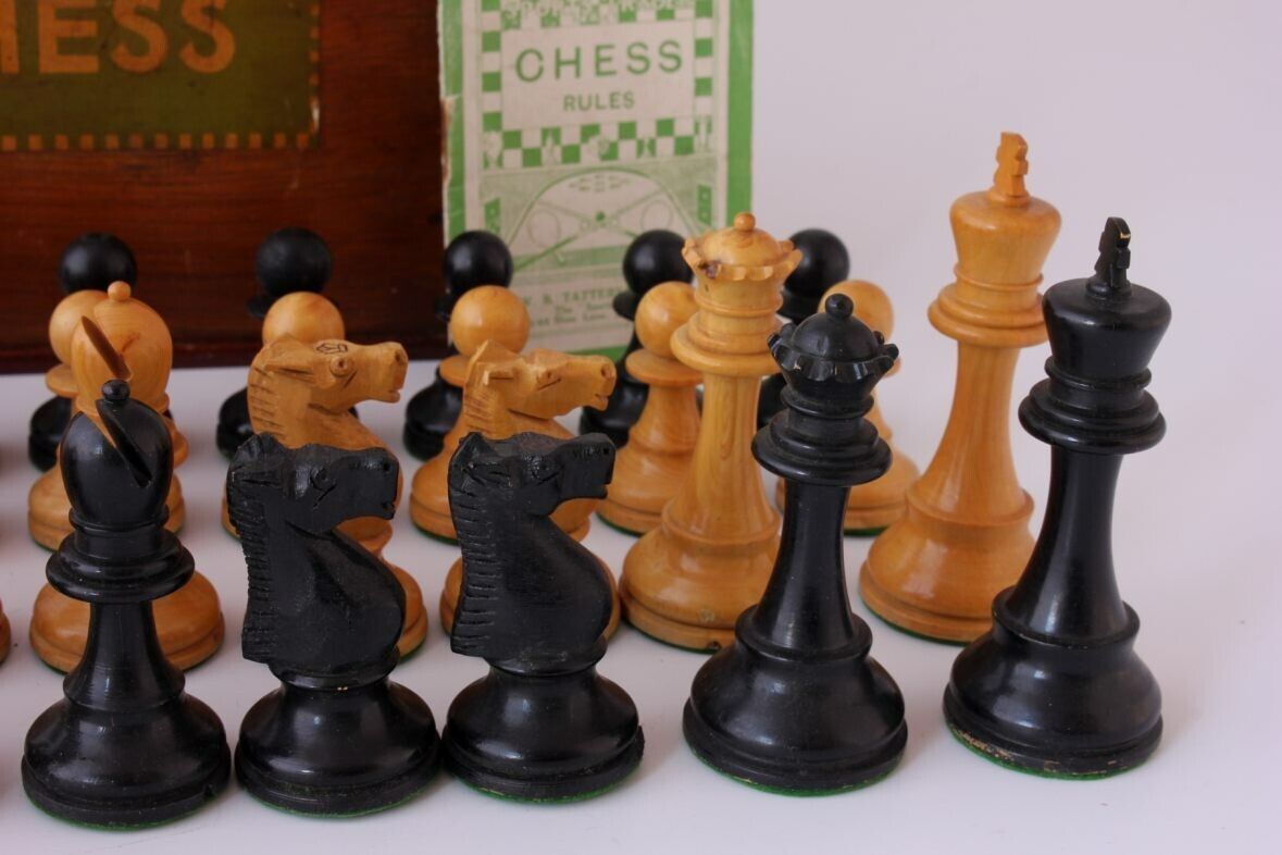 Antique Wood Boxed Chess Set & W B Tattersall Chess Rule Book.