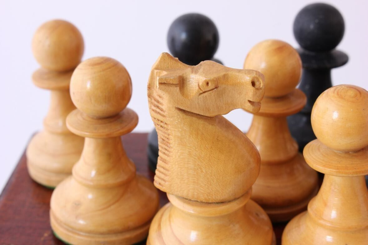 Antique Wood Boxed Chess Set & W B Tattersall Chess Rule Book.