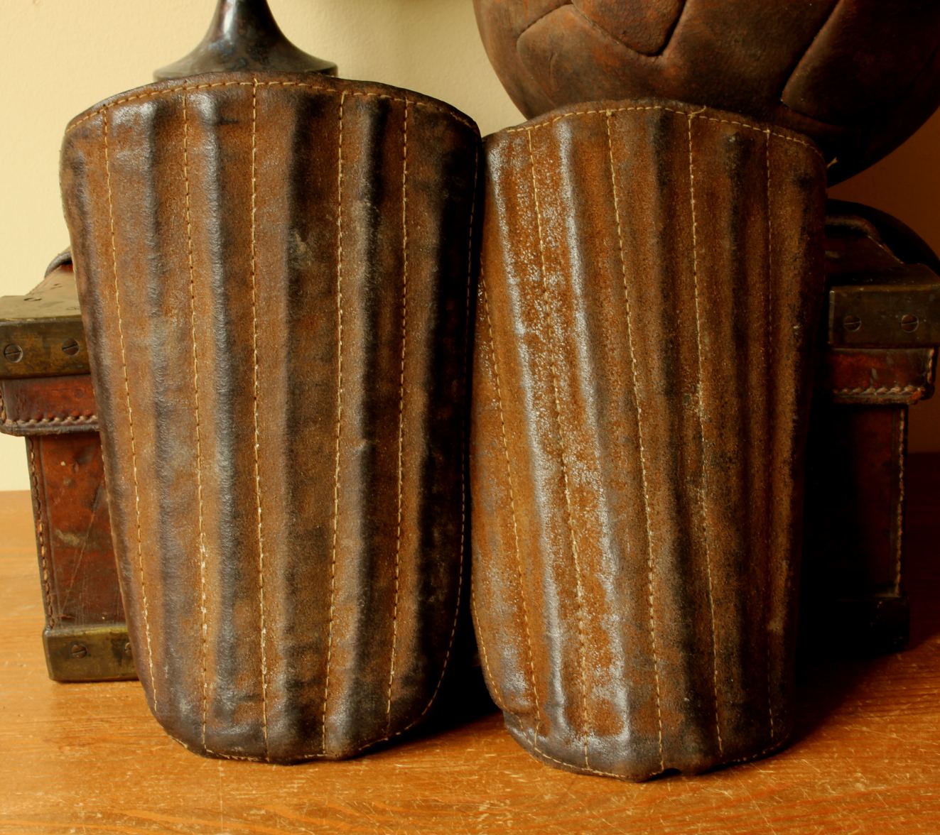Leather Football Shinpads. Soccer Shin Pad Leg Guards. Vintage c1920.