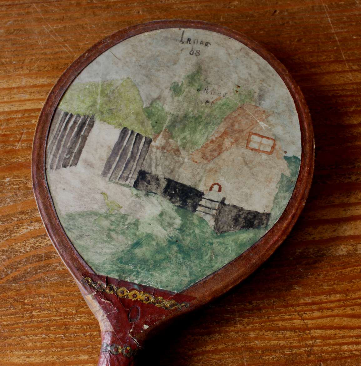 Painted Ping Pong Table Tennis Bat. Decorative Gossima Paddle. c1900.