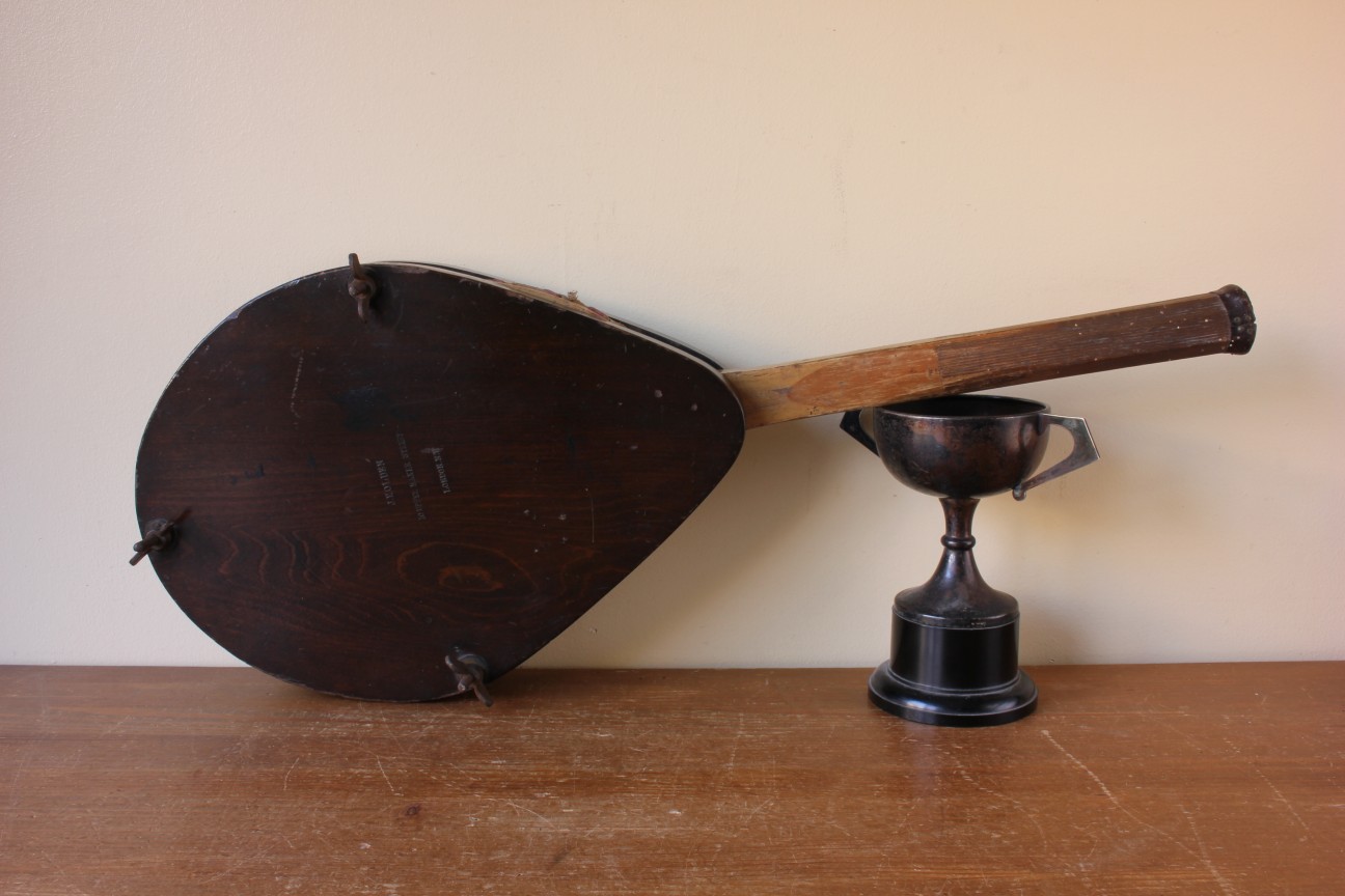 Wooden Tennis Racket Press. Victorian John Holden Racquet Clamp. c1880.