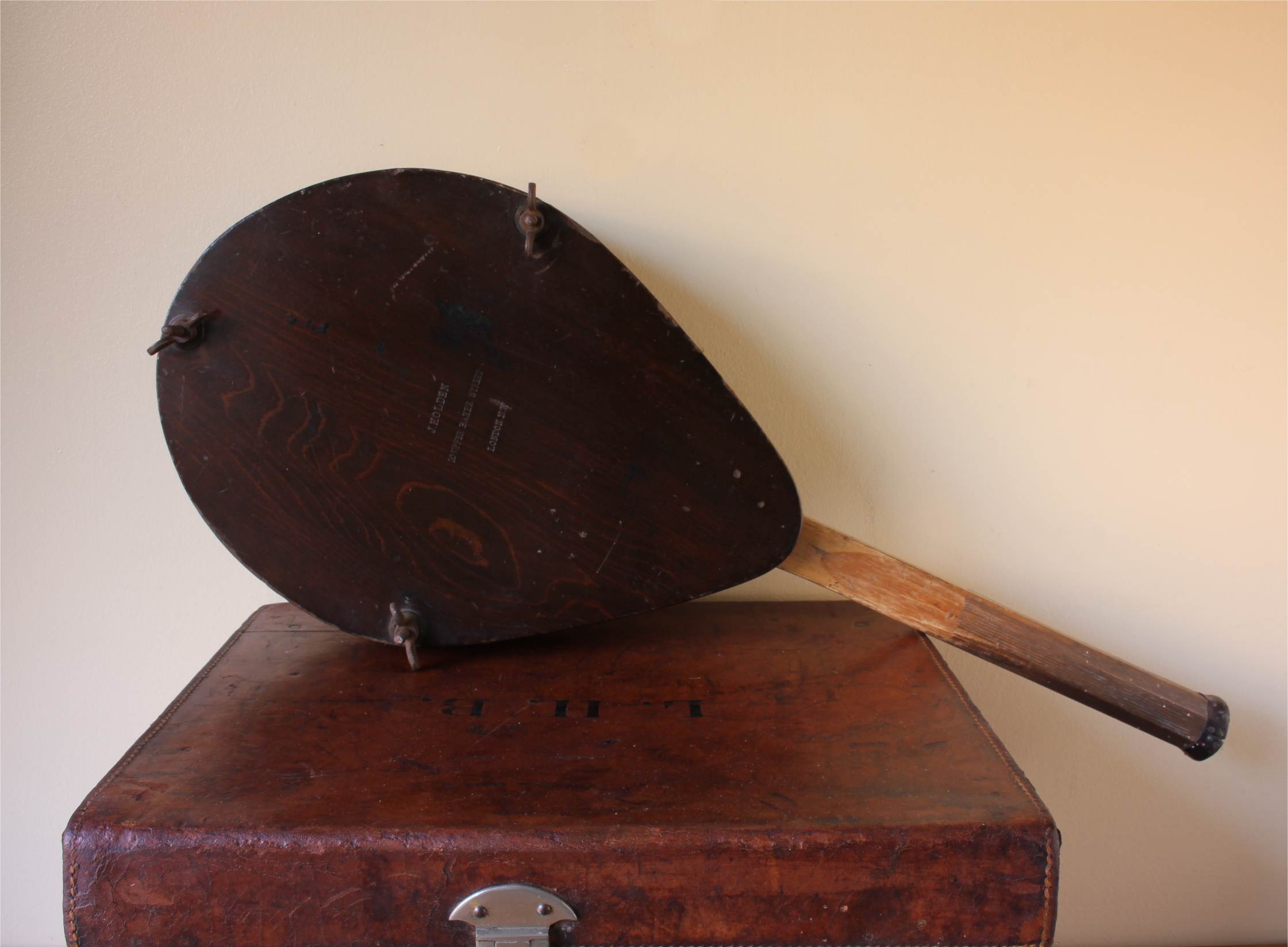 Wooden Tennis Racket Press. Victorian John Holden Racquet Clamp. c1880.