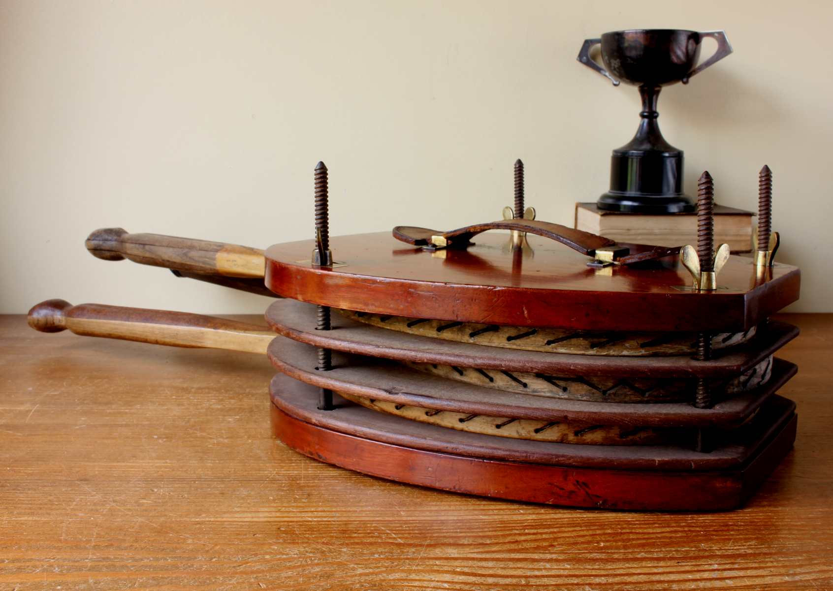 Multi Lawn Tennis Racket Press. Army & Navy Wood Racquet Clamp. c1900.