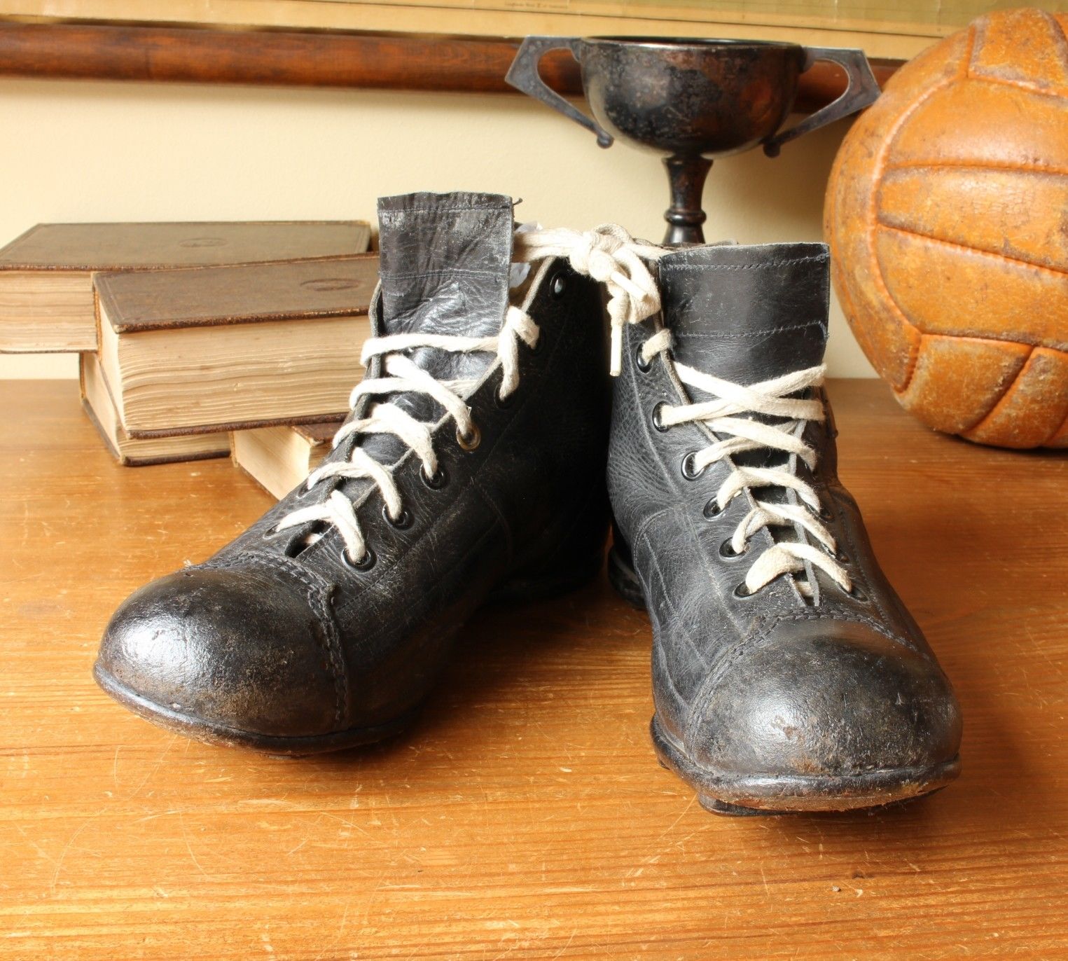 Black Leather Football Boots With Leather Soles & Bar Studs. c1940s.