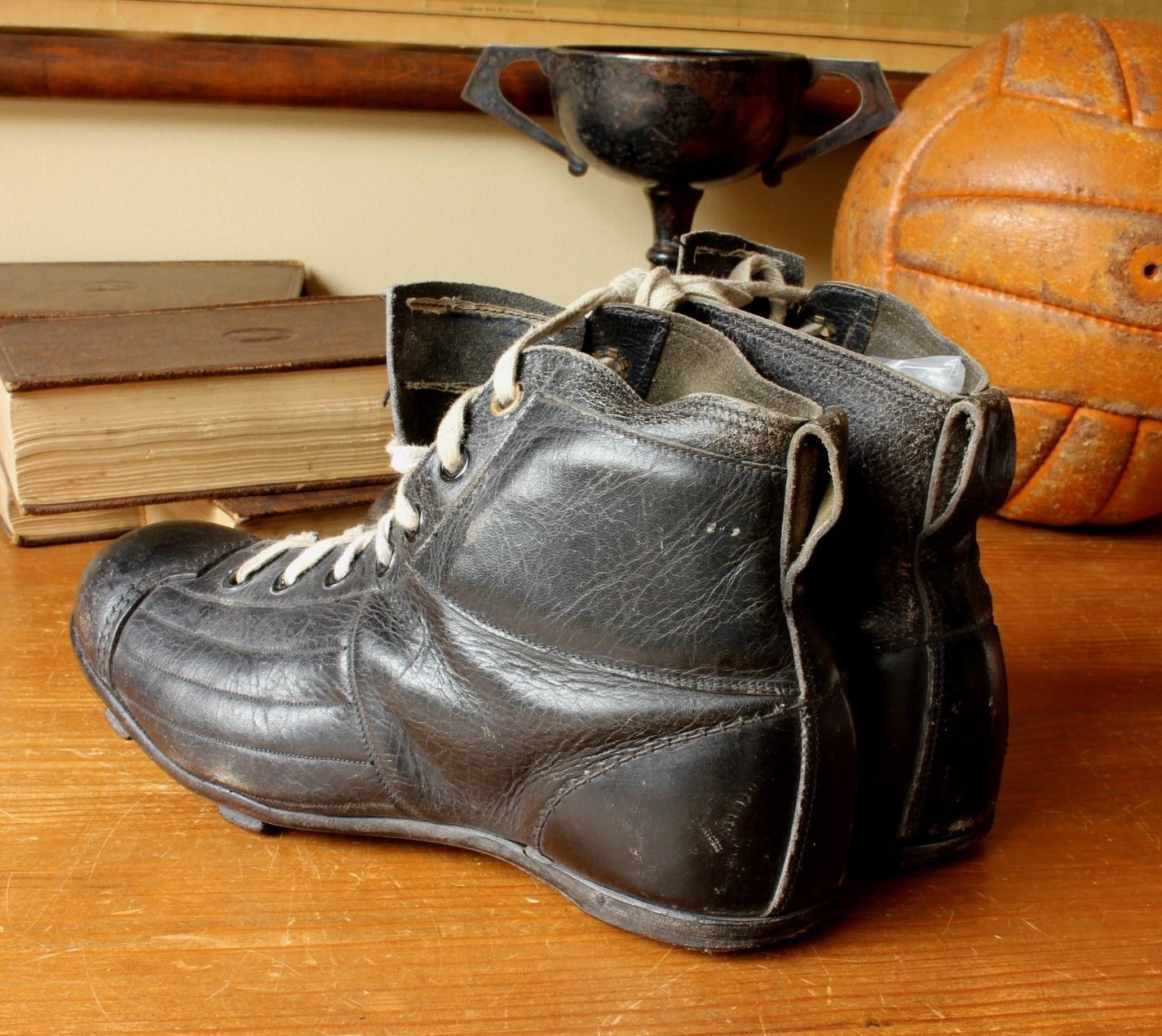 Black Leather Football Boots With Leather Soles & Bar Studs. c1940s.