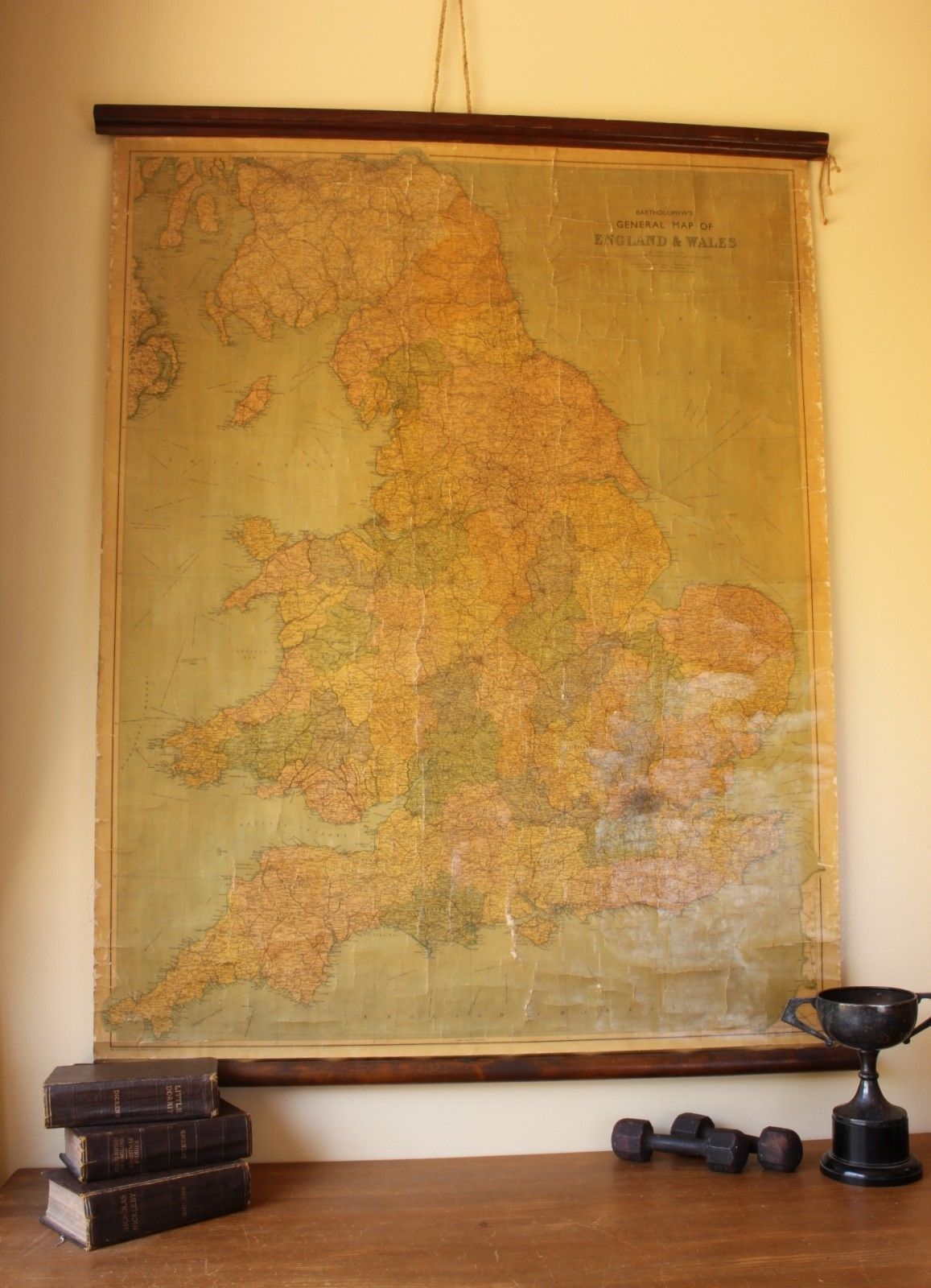 Vintage Bartholomew's General Map of England and Wales. Hanging Wall Chart.