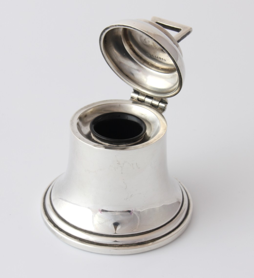 Solid Silver Novelty Bell Shaped Inkwell. Hallmarked 1919 A & J Zimmerman.