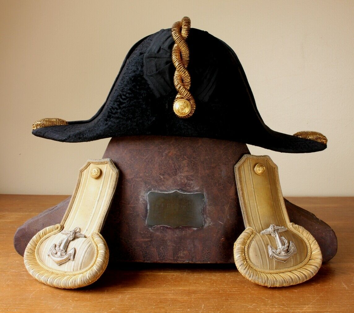 British Royal Navy Bicorn Hat & Lieutenant Epaulettes In Tole Tin Case.