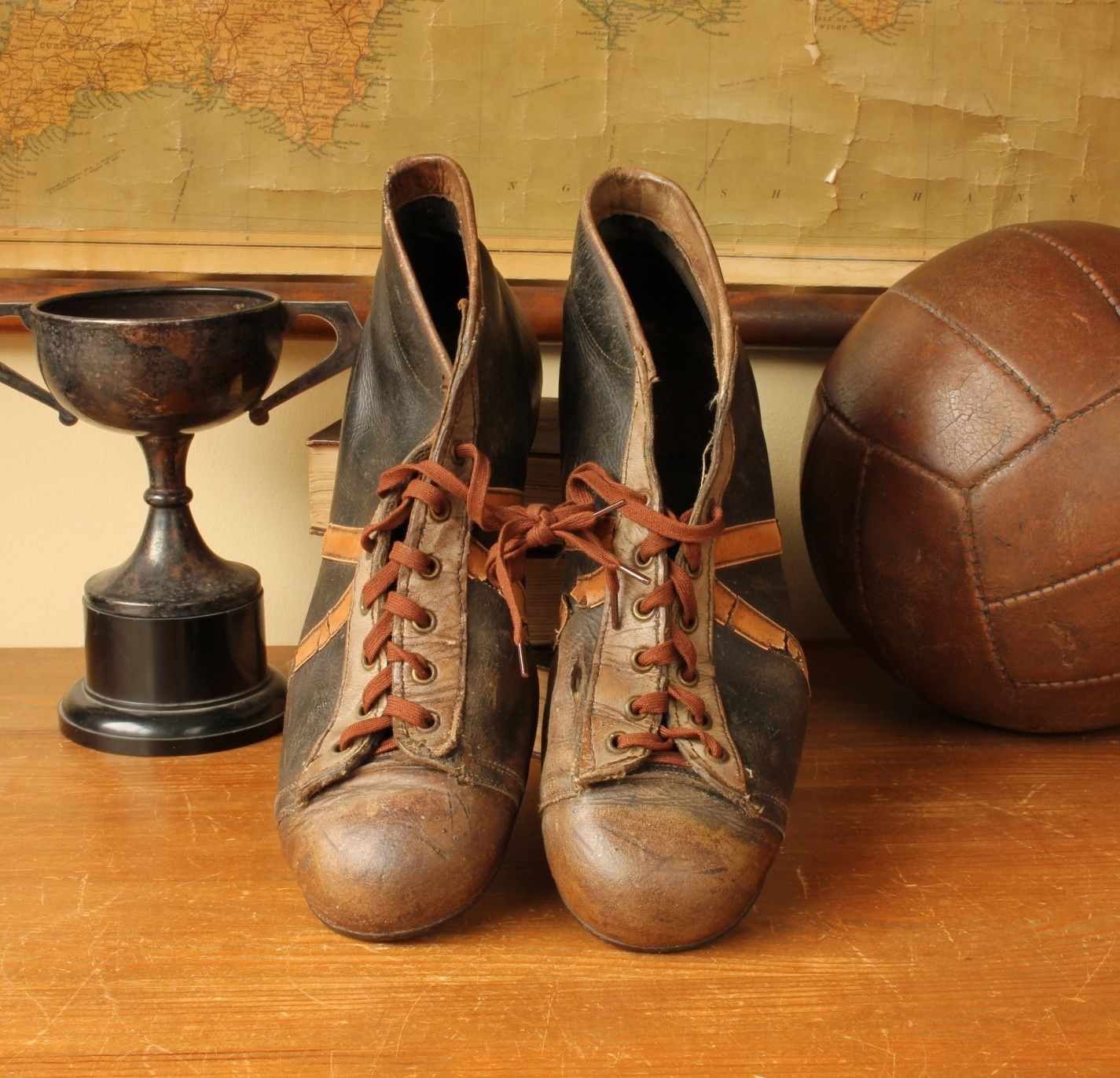 Leather Football Boots. Nailed On Soles & Studs. Old Soccer Cleats c1950.
