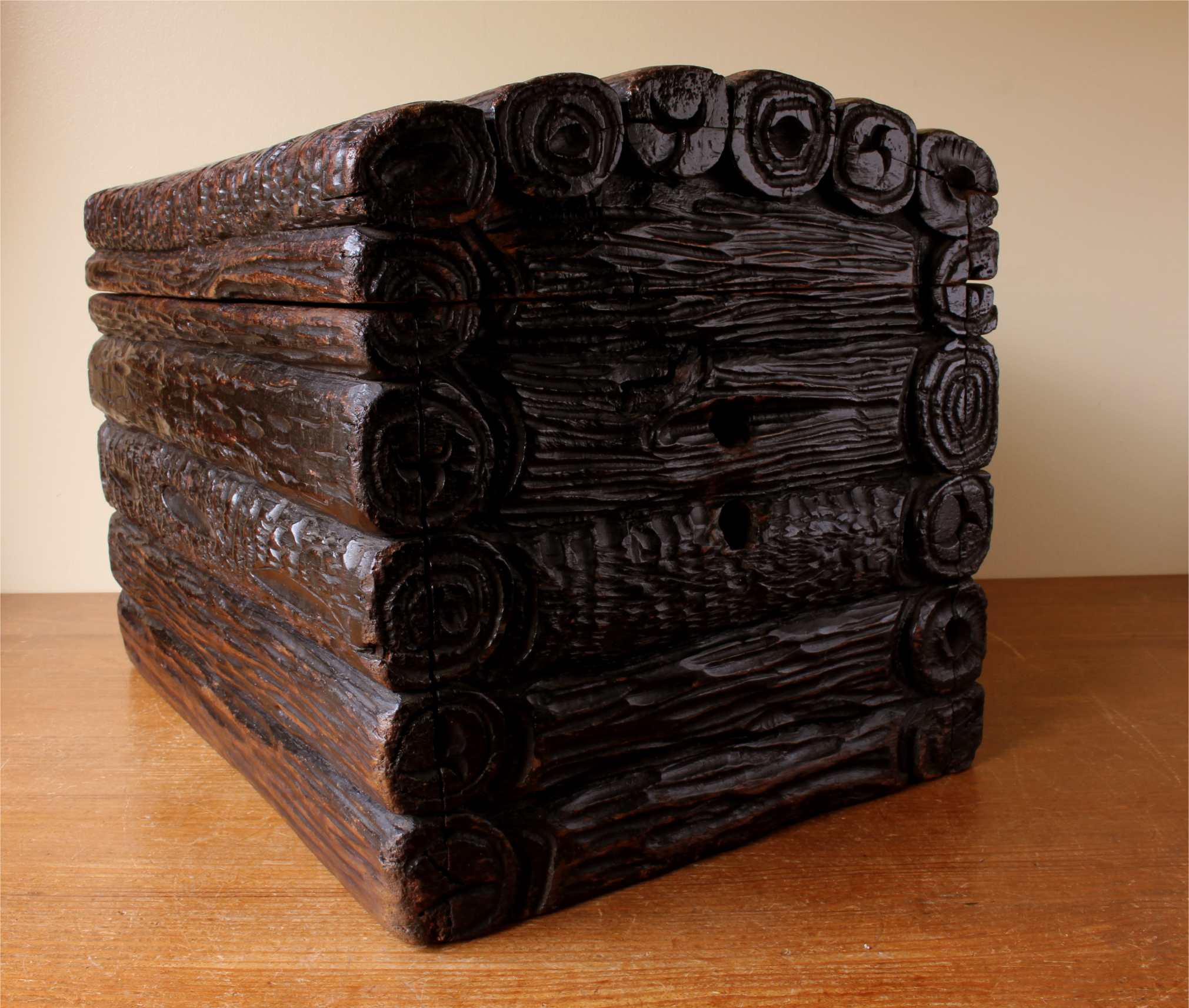 Antique Black Forest Wooden Trunk. German Rustic Carved Log Chest Box.