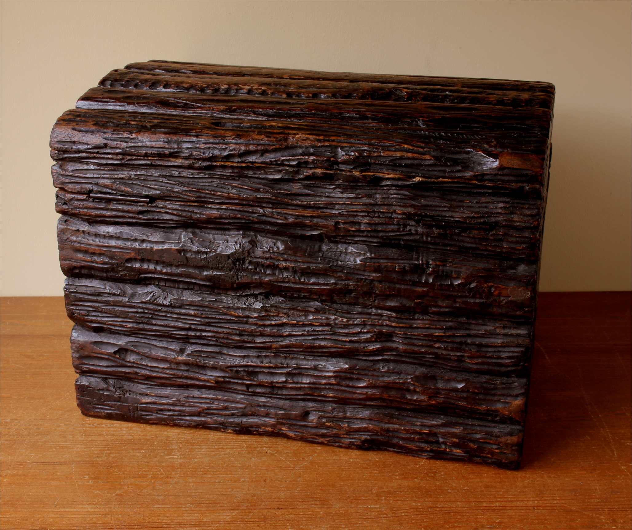 Antique Black Forest Wooden Trunk. German Rustic Carved Log Chest Box.