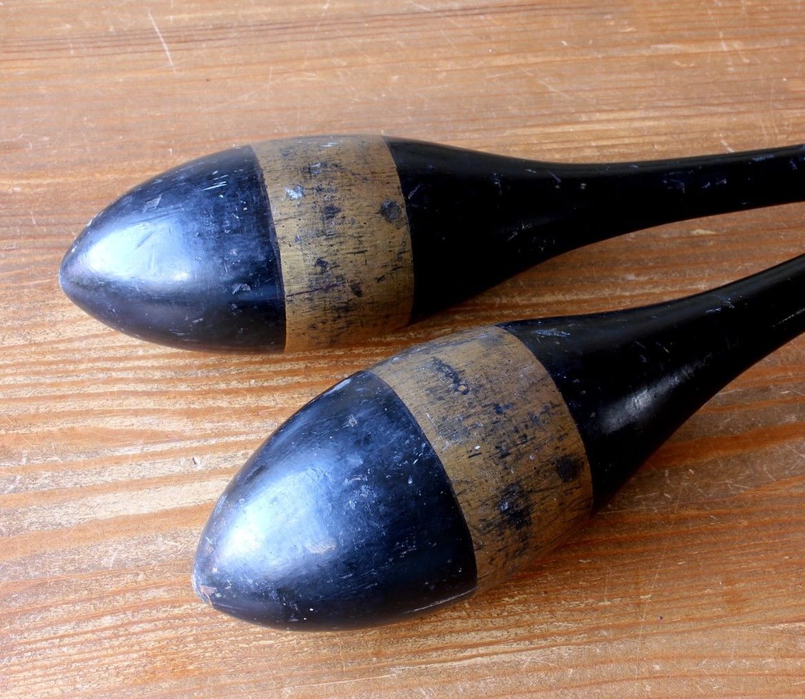 Victorian Black & Gold Indian Clubs / Wood Exercise Meels. c1890.