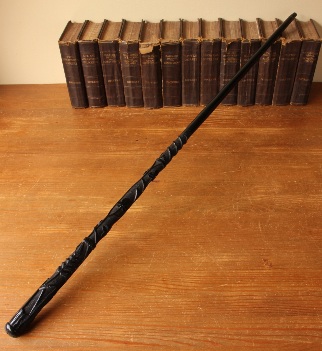 Irish Bog Oak Walking Stick Cane. Hand Carved Snake, Fern Leaf, Clover.