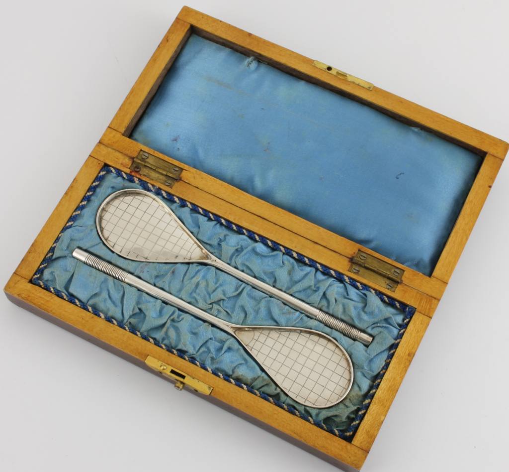 Victorian Pair of Silver Plate Tennis Racket Ice Cream Spoons. Cased.