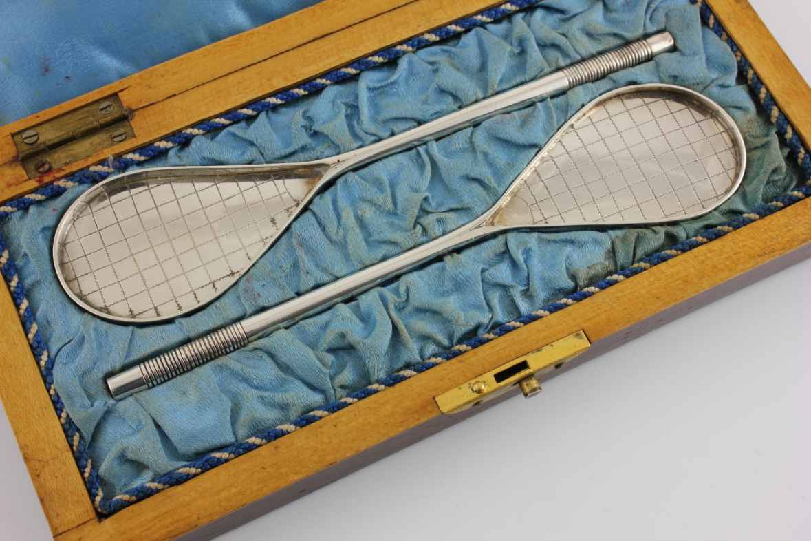 Victorian Pair of Silver Plate Tennis Racket Ice Cream Spoons. Cased.