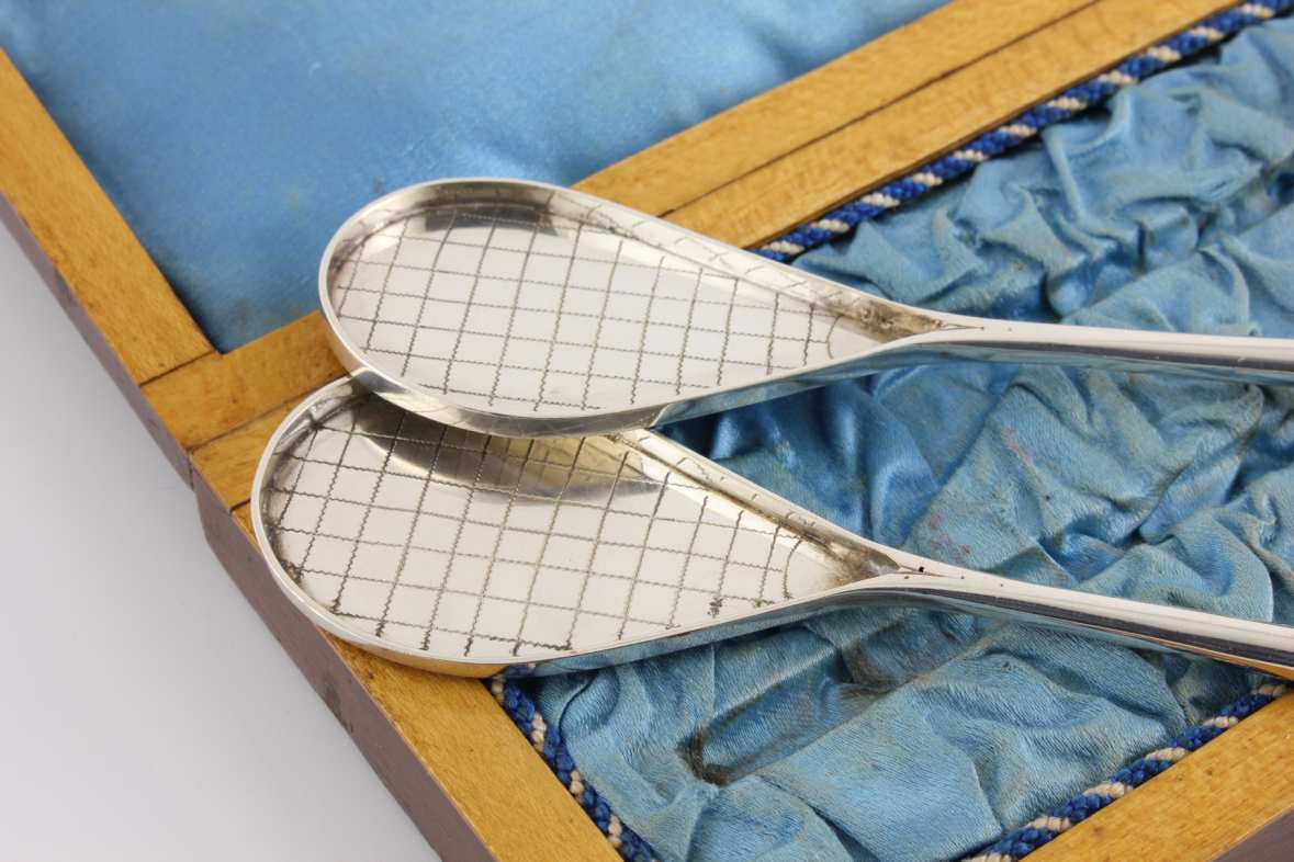 Victorian Pair of Silver Plate Tennis Racket Ice Cream Spoons. Cased.