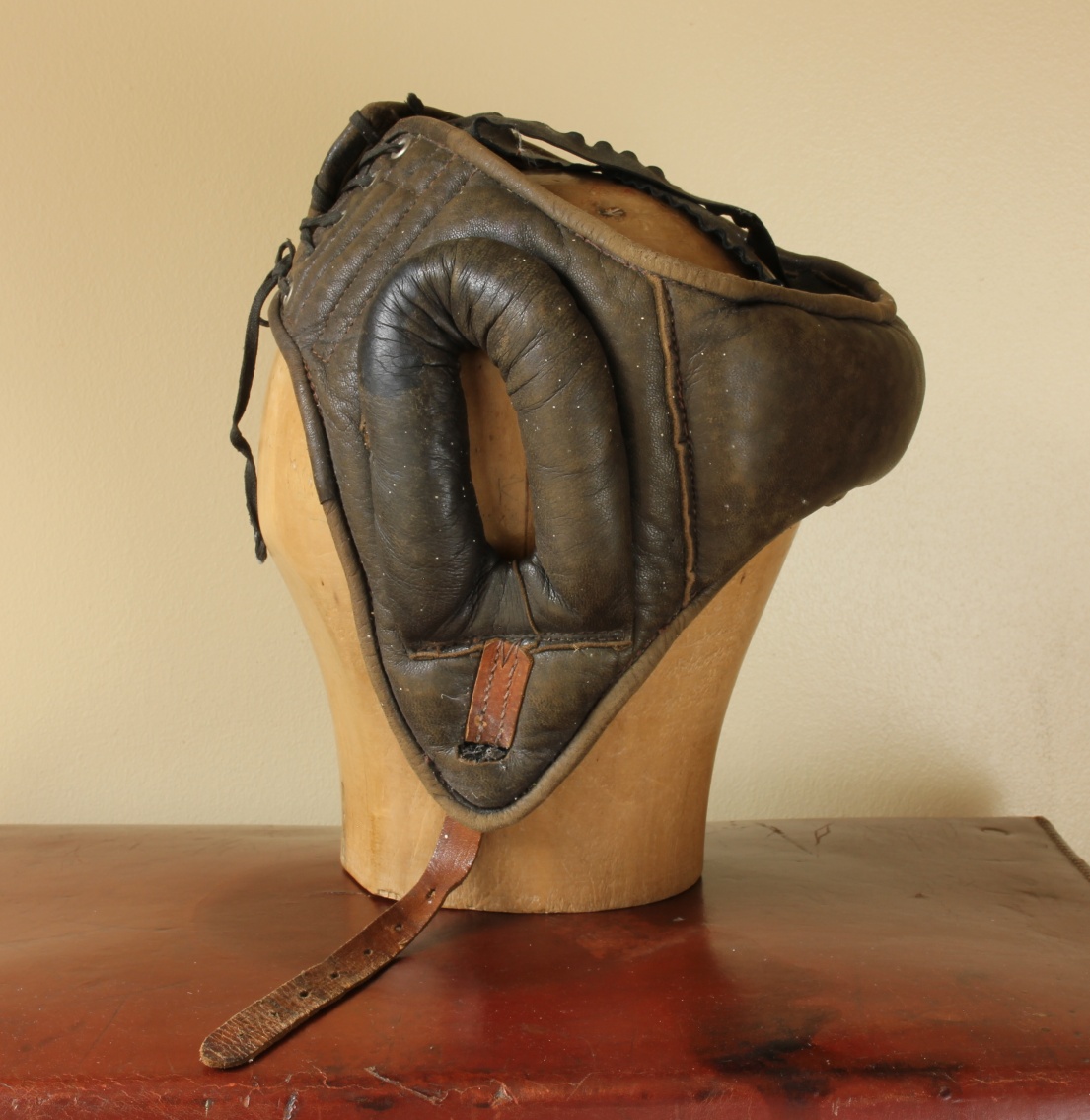 Leather Straw Filled Boxing Head Guard. Antique Boxer's Headgear c1930.