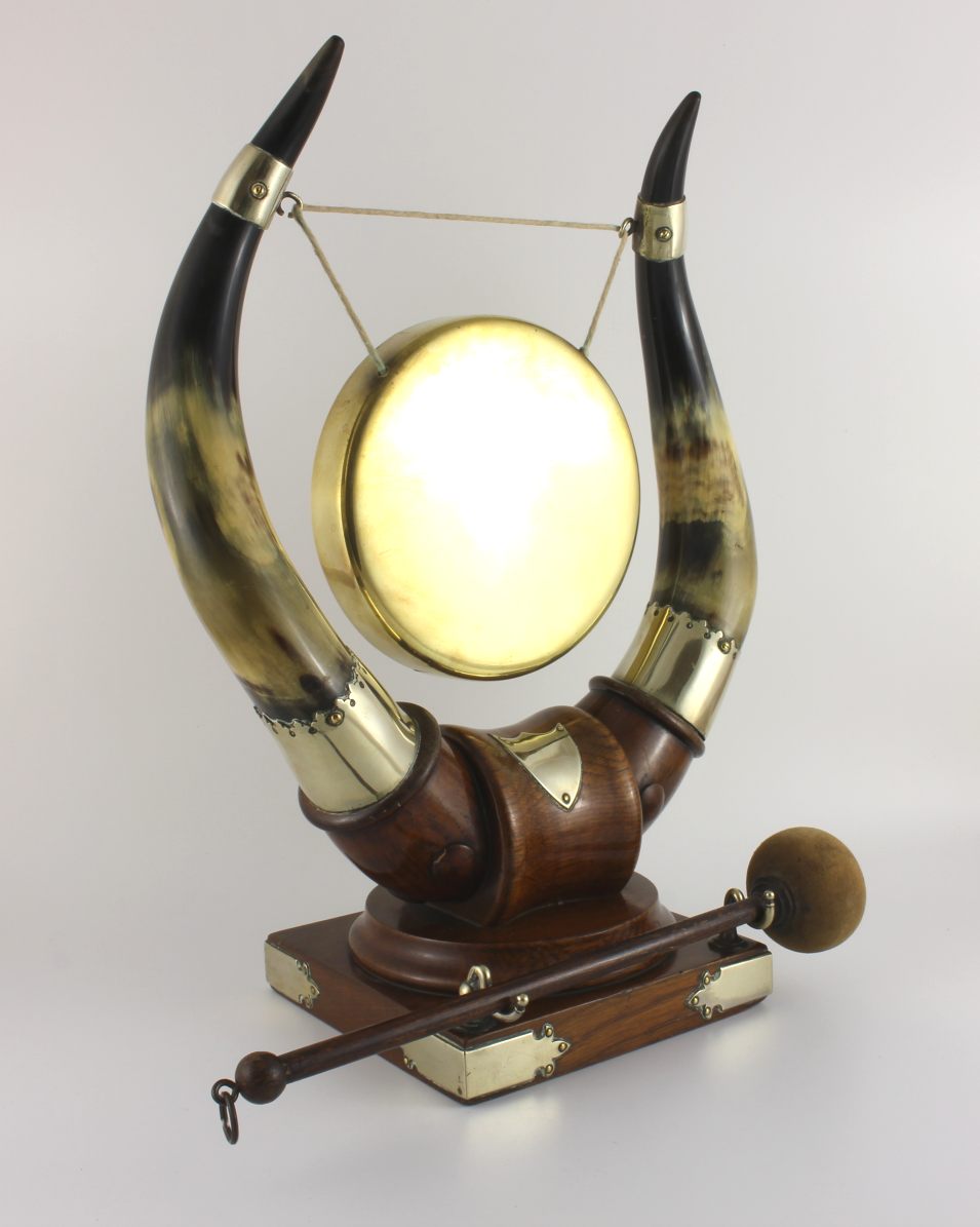 English Oak, Bovine Horn, Silver Plate & Brass Dinner Table Top Gong.