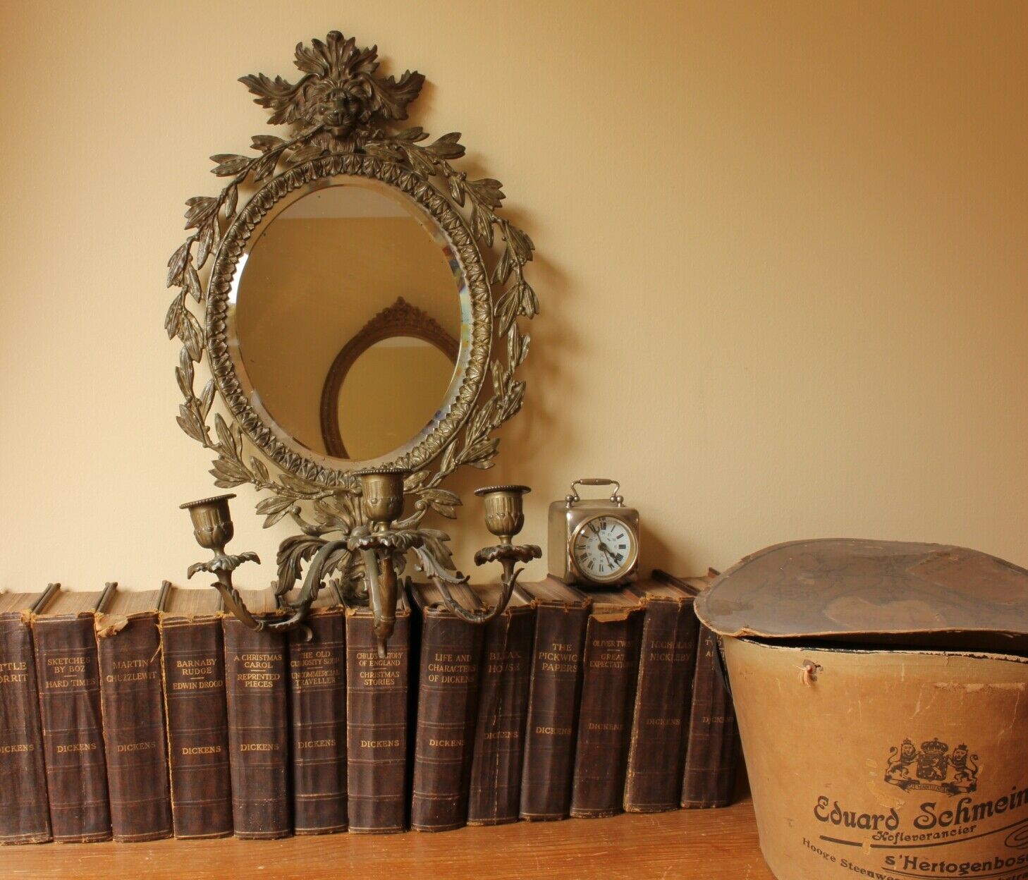 French Brass Wall Mirror. 19th Century Lion Mask & Triple Candle Sconce.
