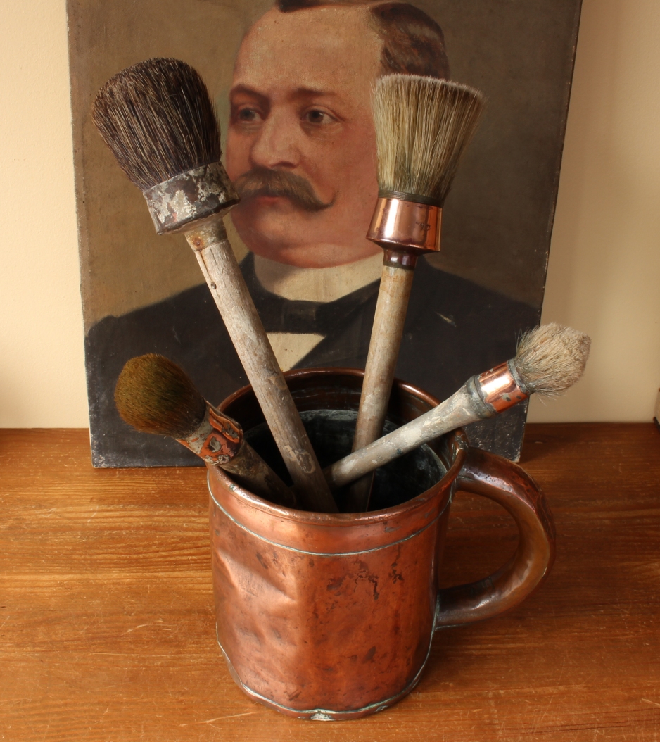 Rustic Large Copper Measure Pot & French Paint Brushes. Home Decor.