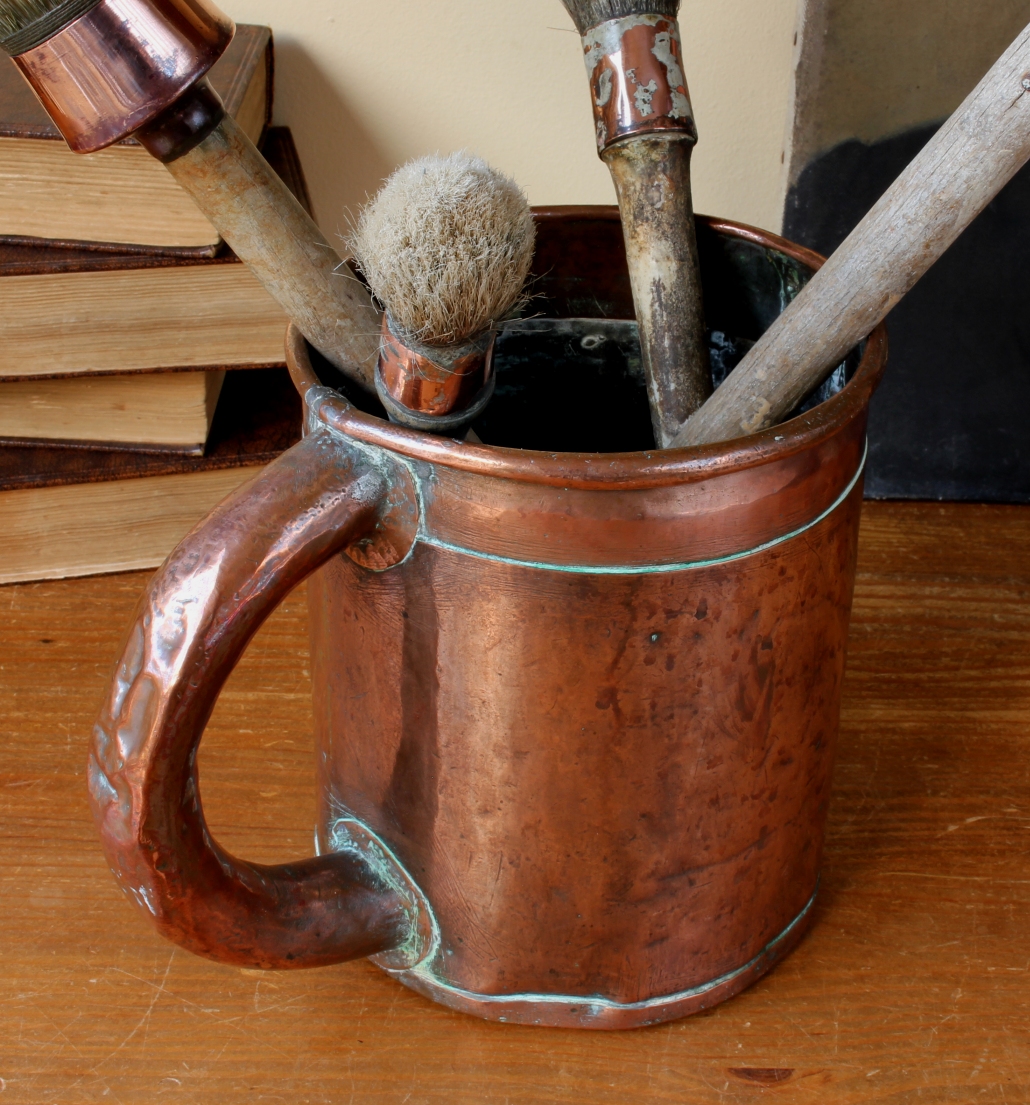 Rustic Large Copper Measure Pot & French Paint Brushes. Home Decor.